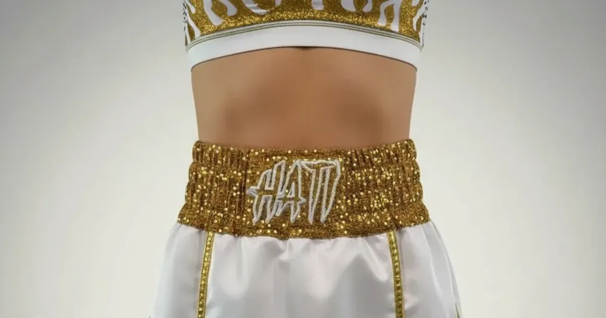 WARRIOR GLADIATOR Design Custom Boxing Shorts – White Satin & Gold ...